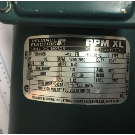 Reliance Electric Small DC Motor RPM XL 1/2HP 90V - Industrial Motor