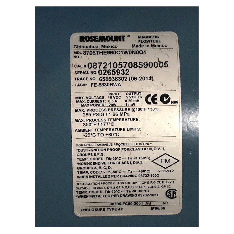 Rosemount 8705THCE060C1W0N0Q4 6-Inch Flanged Magnetic Flow Meter Sensor