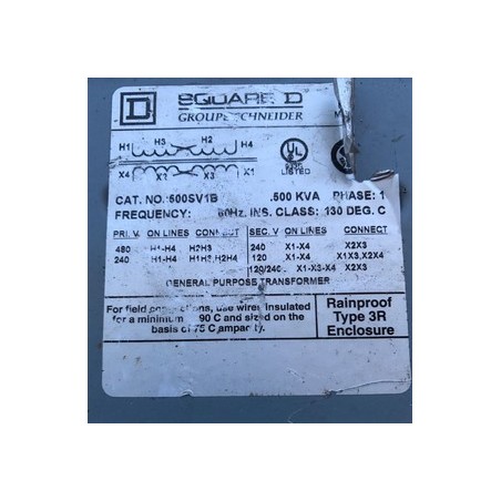 Square D 600SV1B Single-Phase Transformer – 0.5 kVA, 600V to 120/240V