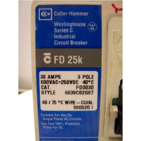 "Cutler Hammer FD3030 Breaker - 600VAC, 30A, 3-Pole, Overload Protect