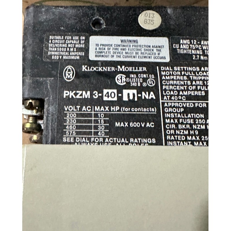 Klockner Moeller PKZM3-40/U-NA Motor Protective Circuit Breaker