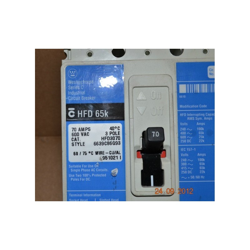"Cutler Hammer HFD3070 Breaker - 3-Pole, 70A, 600V AC, Overcurrent Pr