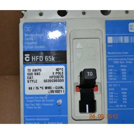 "Cutler Hammer HFD3070 Breaker - 3-Pole, 70A, 600V AC, Overcurrent Pr